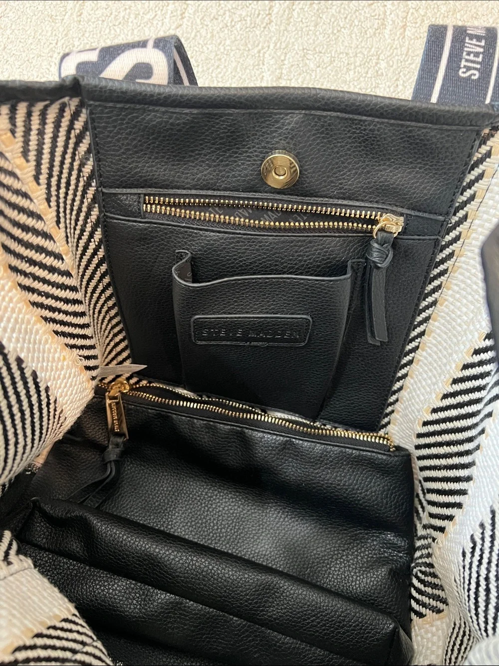 Steve Madden | Bags | Steve Madden Black And White Striped Logo Tote ...